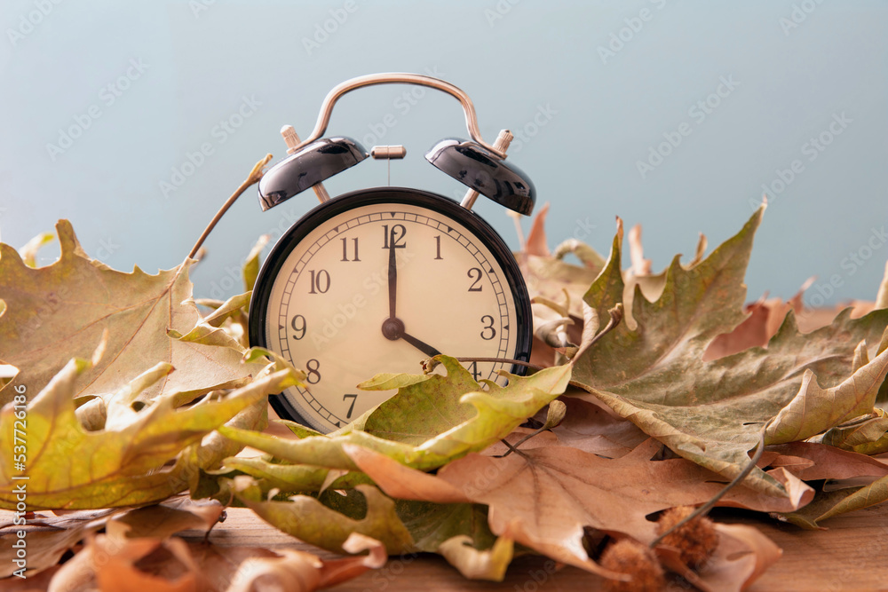 Daylight Saving Time, Fall Back. Black clock and autumn leaves on wood ...