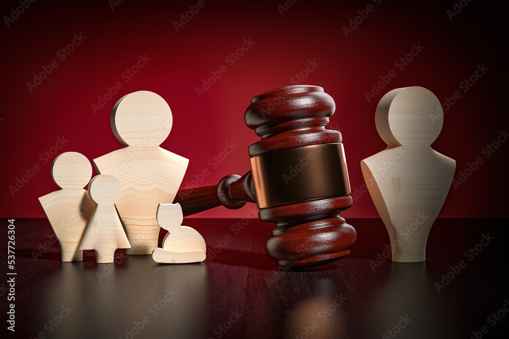 Dad and mom with child figures separate by judge gavel. family ...