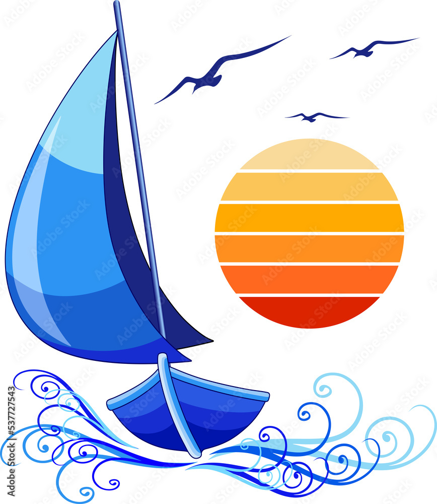 Sailing boat Stylized Abstract Vector Logo Design with Sun and Birds ...