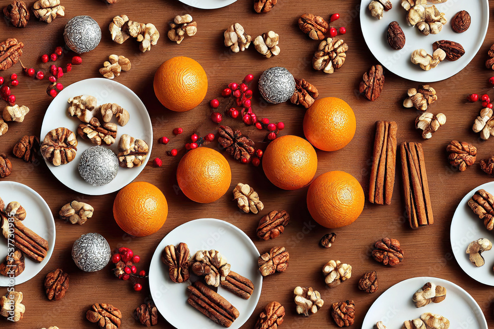Background with christmas food and decorations on a table Stock ...