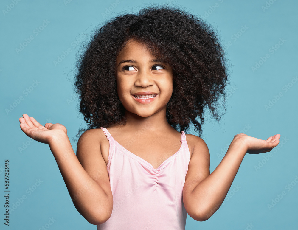 Girl, hands and smile with confused, question and guess against studio ...