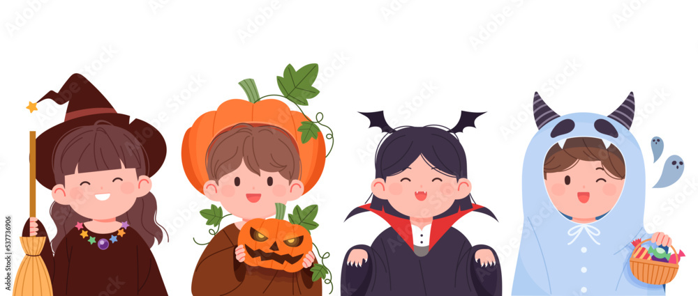 Cute children in Halloween costumes. Autumn Festival Halloween Concept ...