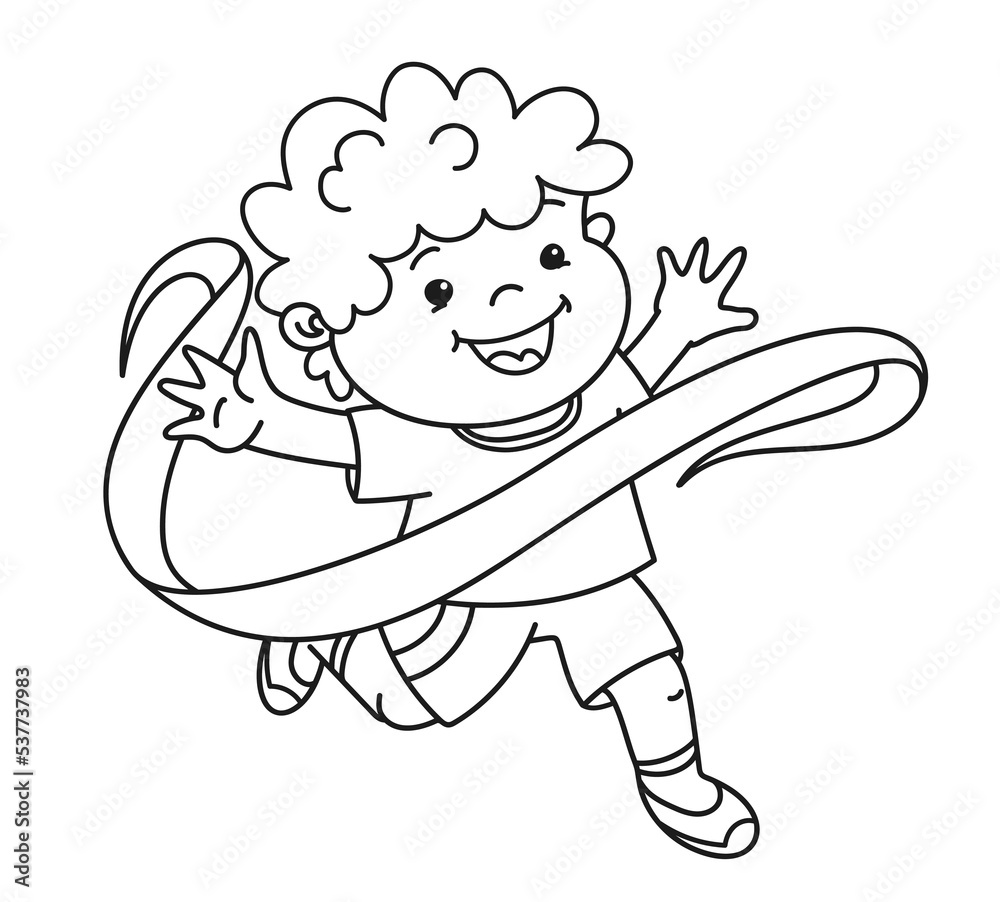 boy runs and crosses the finish line. Hand drawn cartoon illustration ...
