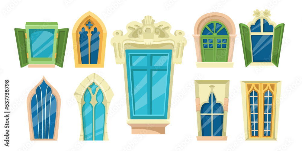 Medieval or ancient windows frames vector illustrations set. Collection ...