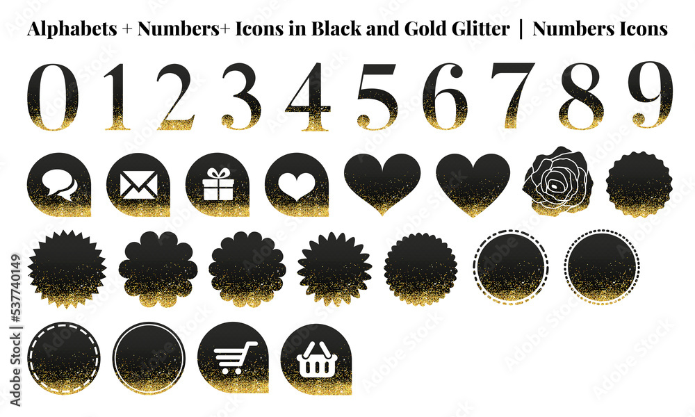 Elegant Black and Gold Glitter Alphabet set with uppercase and lower ...