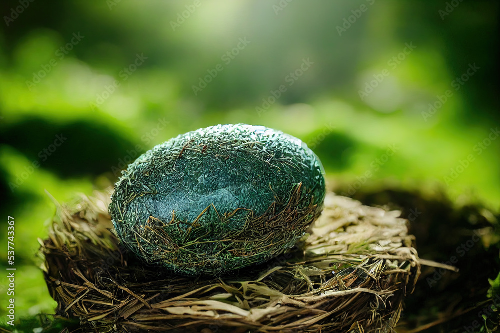 Amazing Cute Blue Magic Dragon Egg in the Bird Nest. Fantasy Backdrop ...