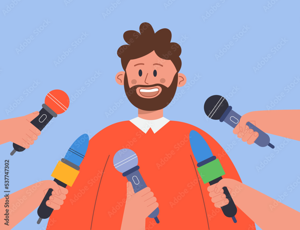 Happy man giving interview to press flat vector illustration. Hands of ...