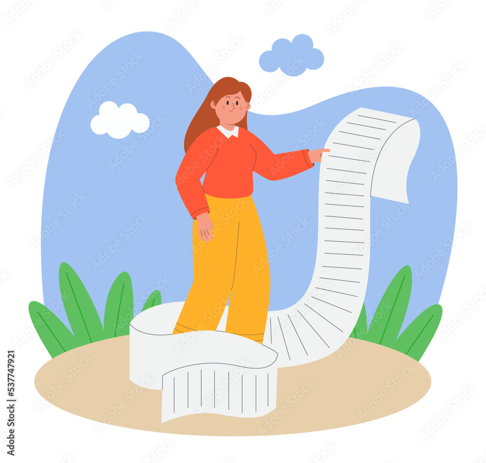 Cartoon woman holding long check or list of tasks. Business person with ...