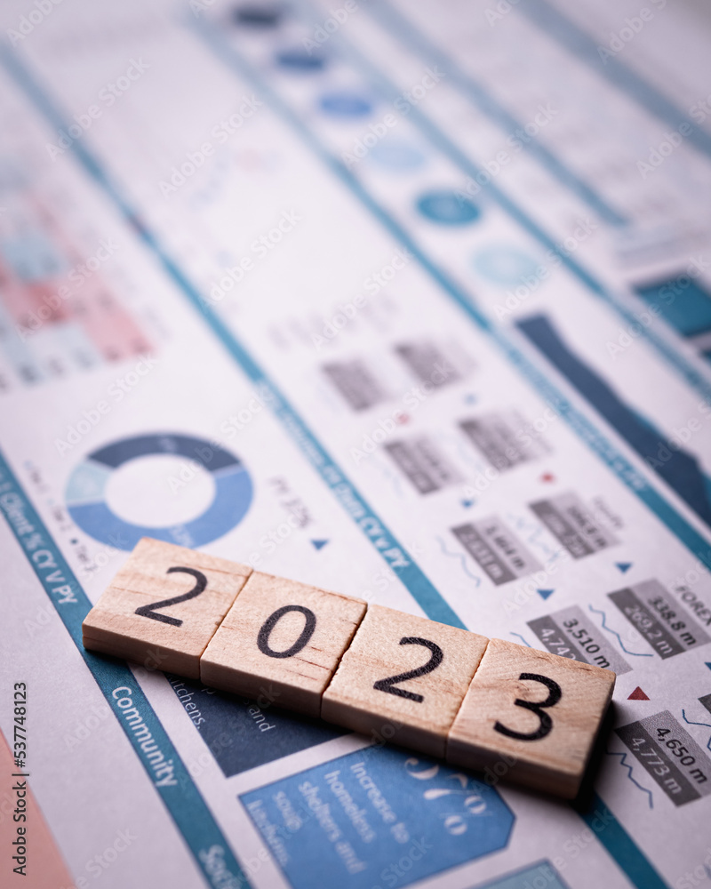 2023 text on wooden blocks with the paper report of spreadsheet data ...