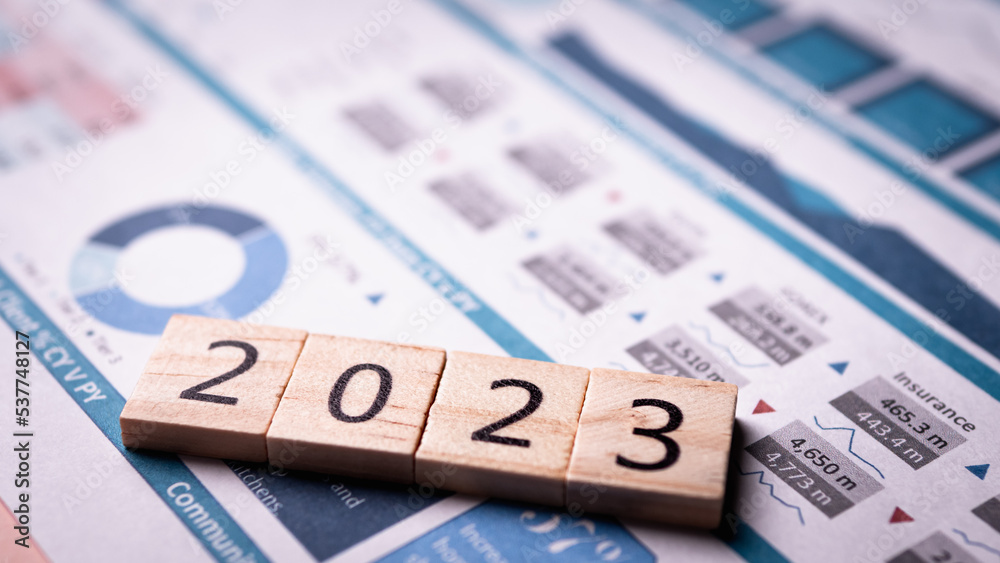 2023 text on wooden blocks with the paper report of spreadsheet data ...