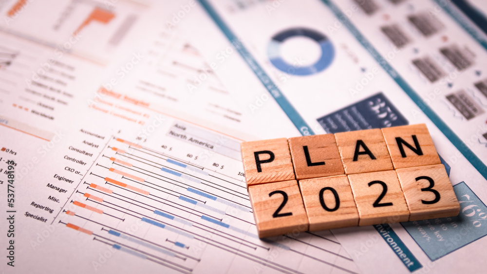 PLAN 2023 text on wooden blocks with the paper report of spreadsheet ...