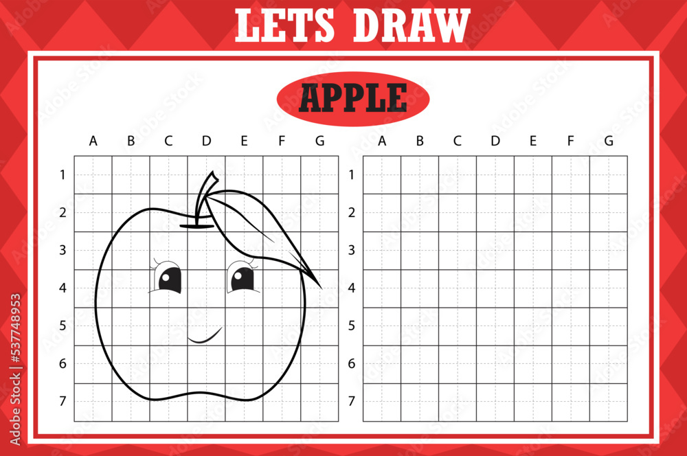 Draw cute apple. Grid copy worksheet. educational children game ...