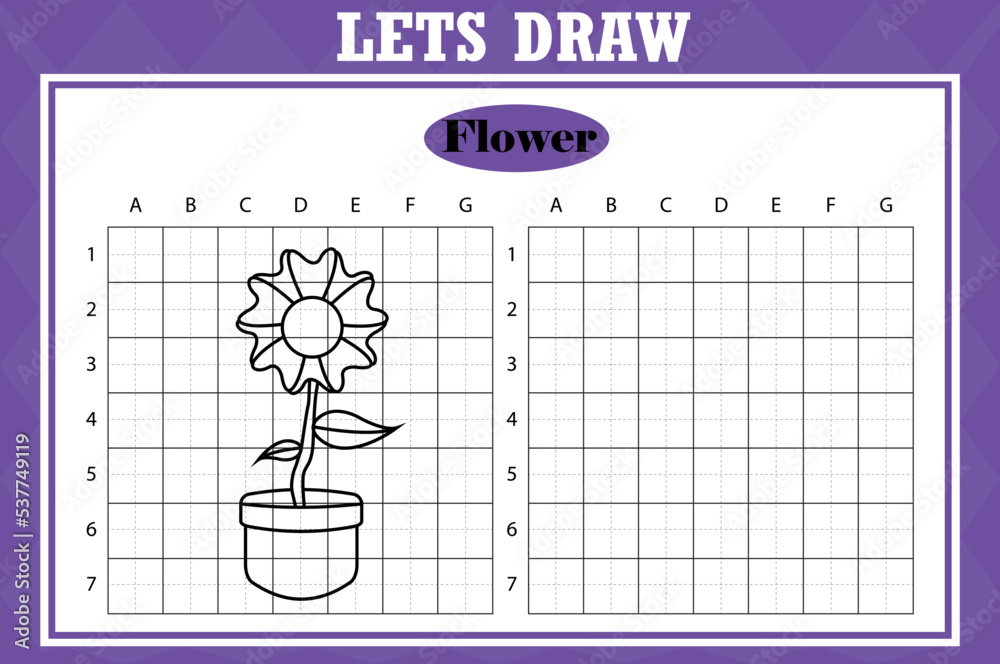 Draw cute flower. Grid copy worksheet. educational children game ...