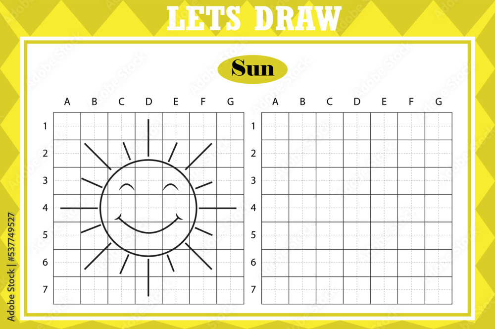 Draw cute sun. Grid copy worksheet. educational children game. Drawing ...
