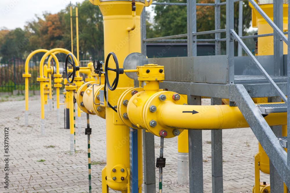 Gas industry, gas transport system. Gas pipeline. Gas pipes, stop ...