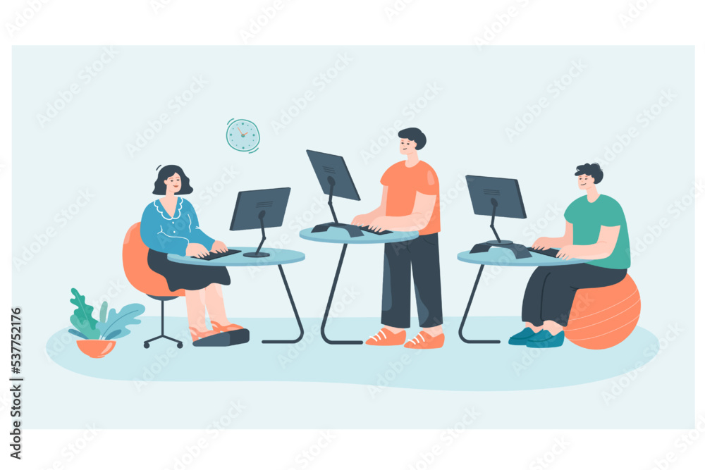 Work of employees on ergonomic modern office workplace. Male and female ...