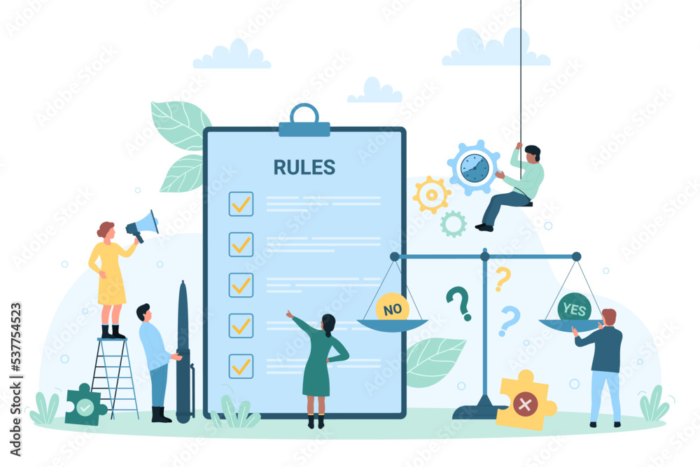 Regulation and compliance rules vector illustration. Cartoon tiny ...