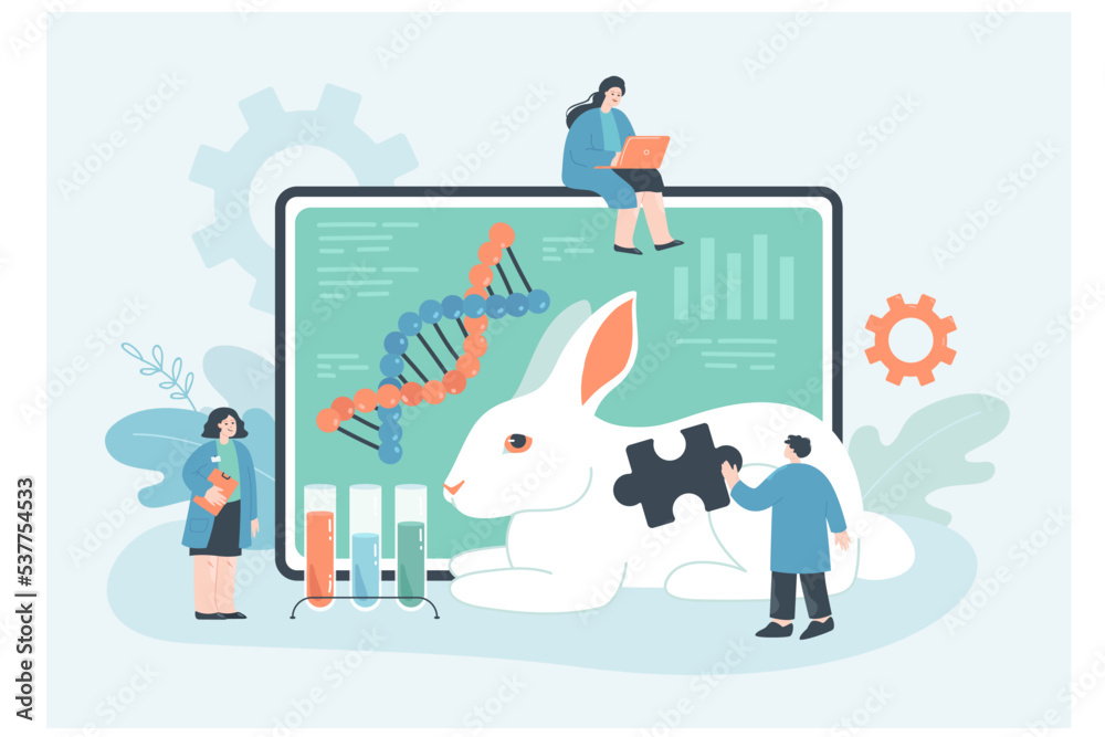 Genetic lab tests and research of animals by tiny scientists. People ...