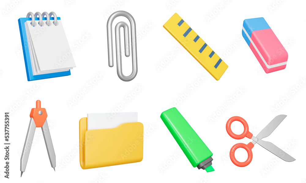 Stationery 3d icon set. Writing materials, office supplies. Notebook ...