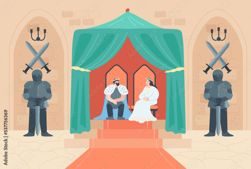 King and queen on throne in palace flat vector illustration. Knights ...