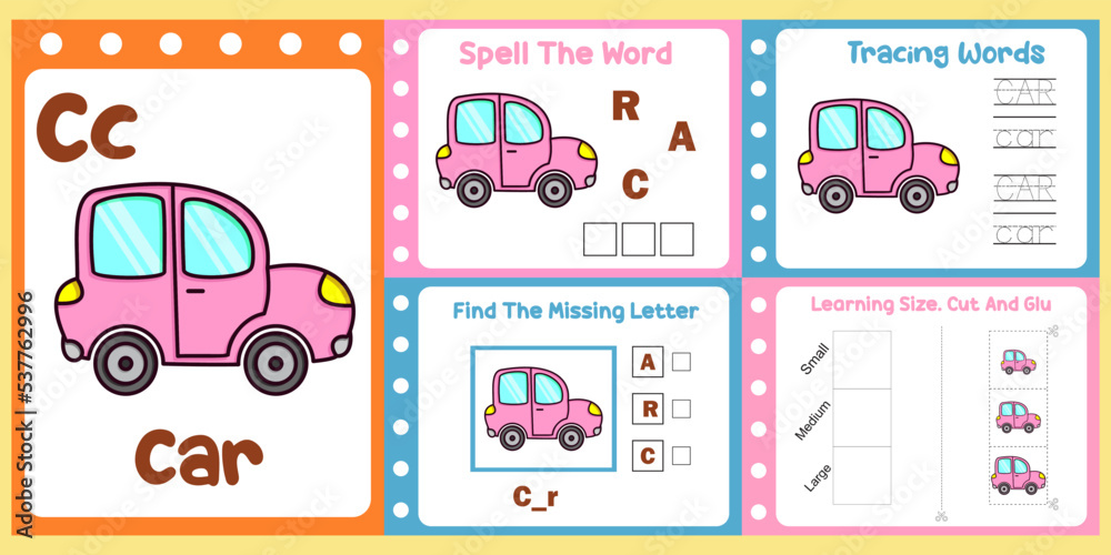 worksheets pack for kids with car vector. children's study book Stock ...