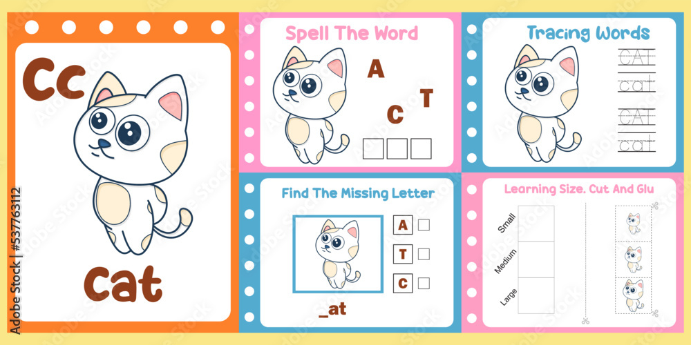 worksheets pack for kids with cat vector. children's study book Stock ...