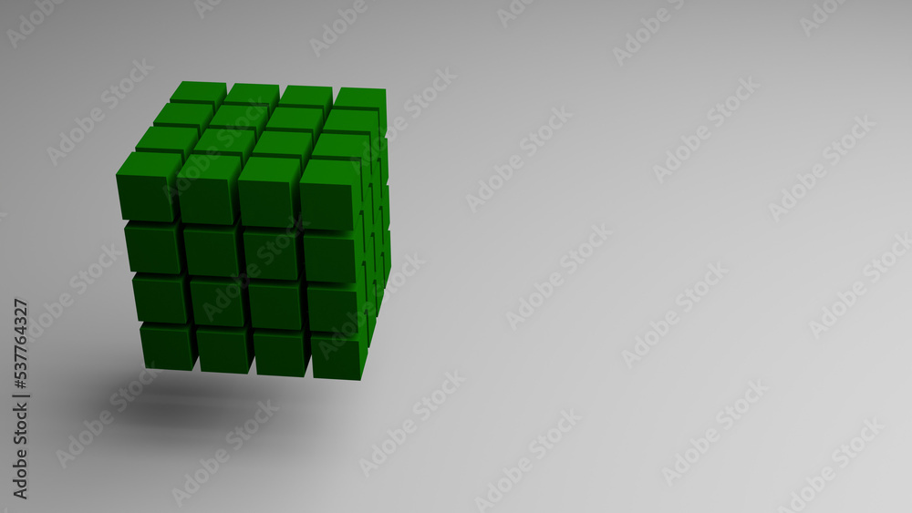 Abstract 3d-illustration as a rendering of a great green cube separated ...
