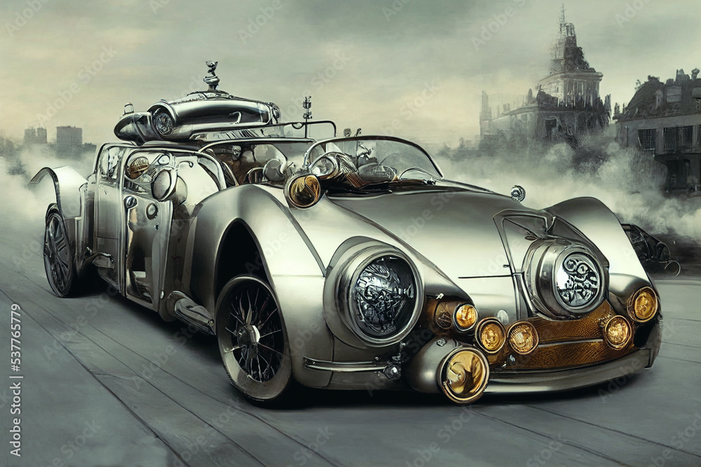 Steampunk fantasy: retro-futuristic sport luxury car, digital art illustration made with ...