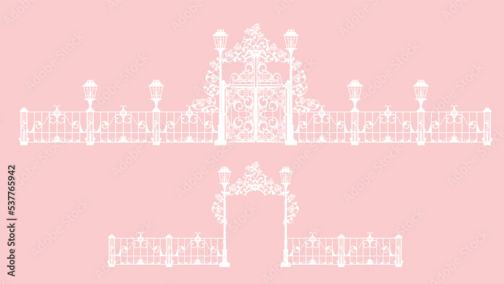 romantic arch gate with rose flowers decor and fence border with street ...