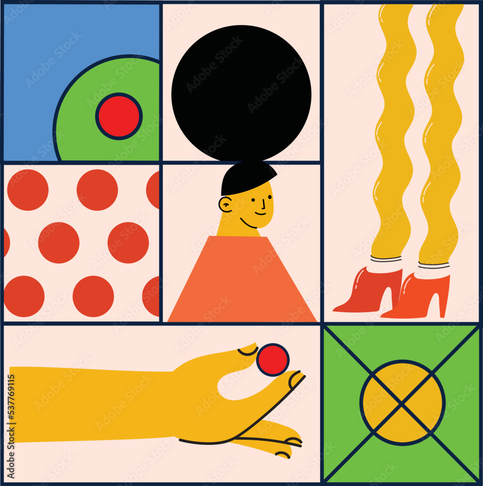 Hand drawn Abstract Collage with shapes, funny cute Comic characters ...