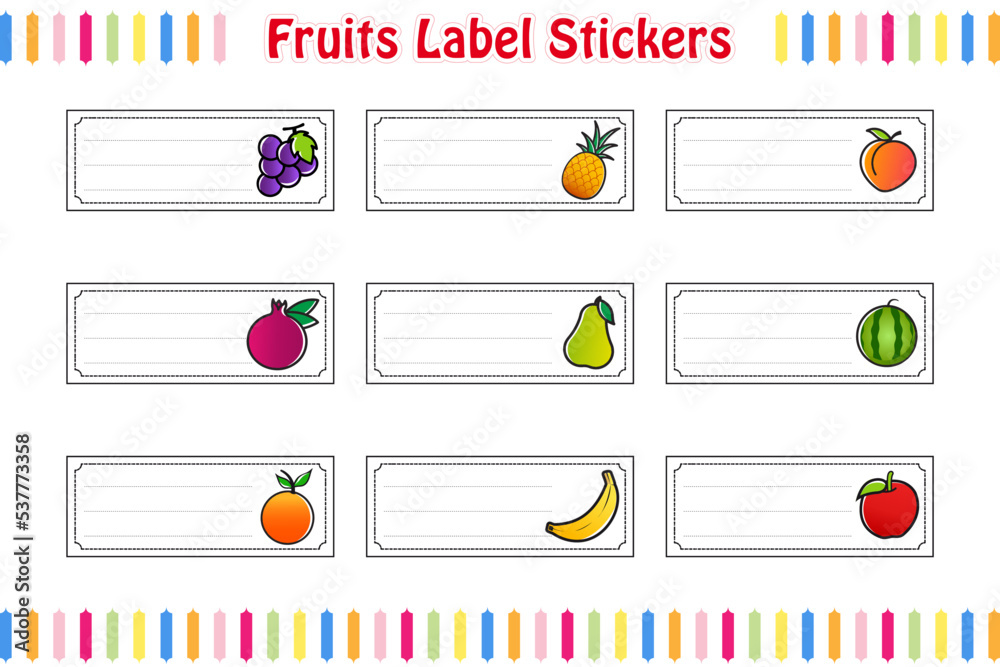 Fruits Labels Stickers, School name labels, Rectangular labels color ...