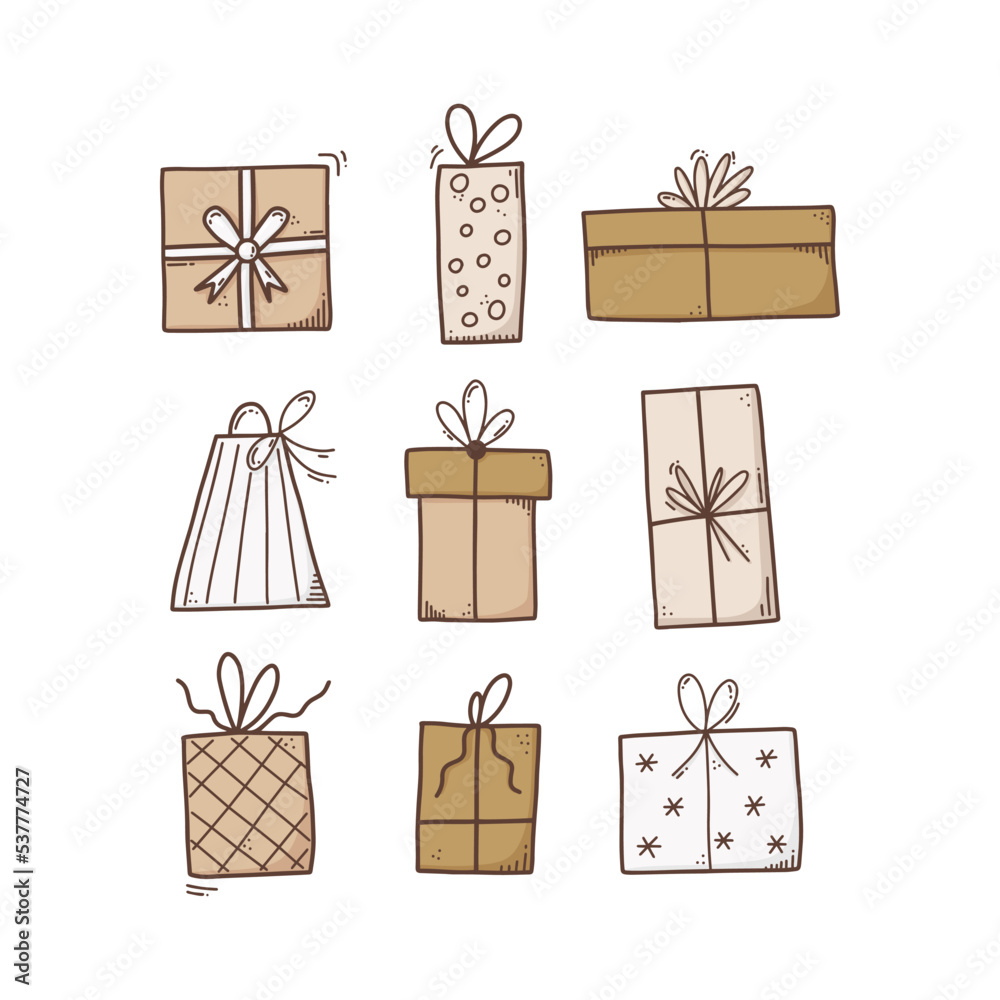 Collection of hand drawn gift boxes and pack illustrations. Winter ...