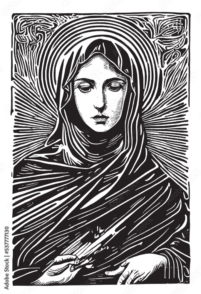 Mary, mother of Jesus. Linecut style drawing vector art. Holy Mother ...