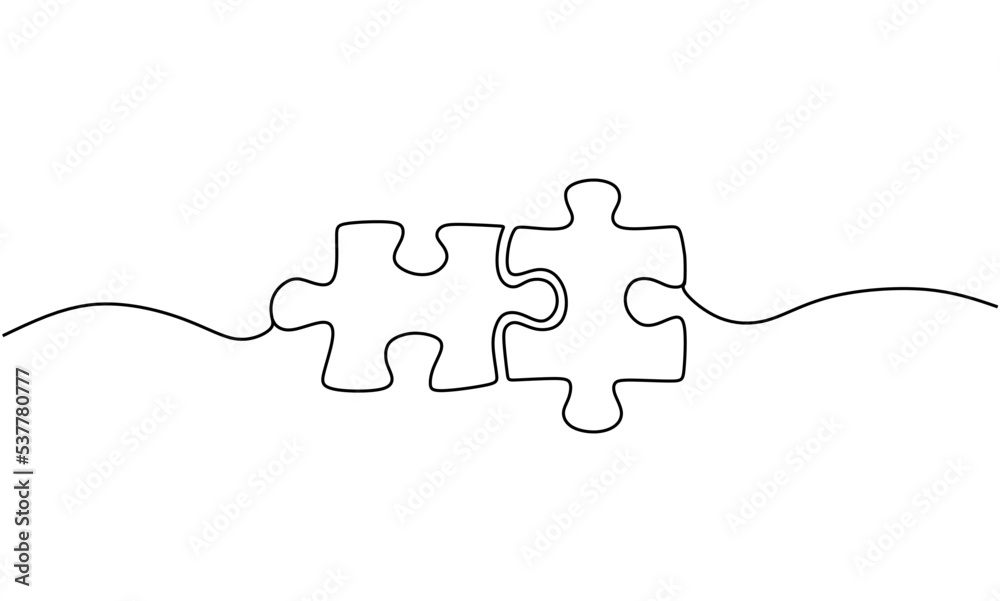 Continuous one line drawing of jigsaws on white background. Puzzle game ...