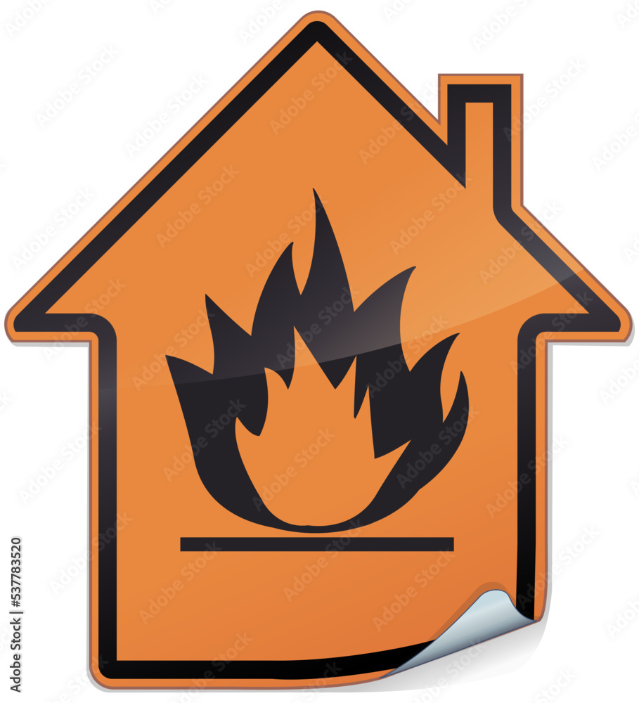 Sticker with the shape of an orange house with the symbol of a flame ...