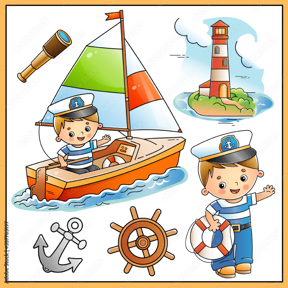 Cartoon sail ship with sailor. Seaman with lifebuoy, spyglass, anchor ...