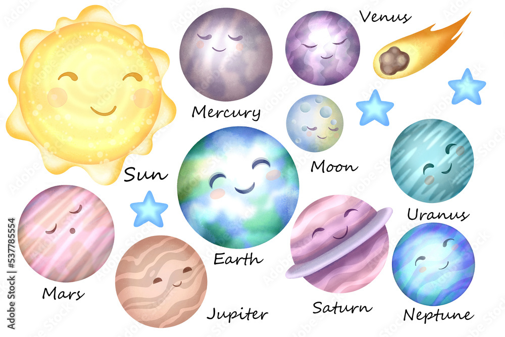 illustration clipart cute character. solar system planets, space, stars ...