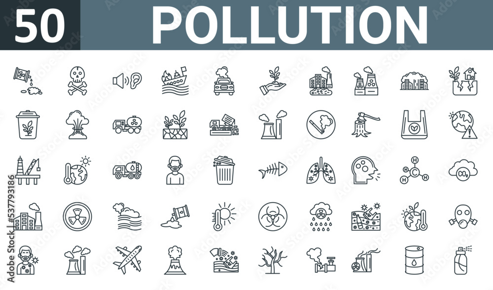 set of 50 outline web pollution icons such as spill, skull, noise pollution, ship, car, save ...