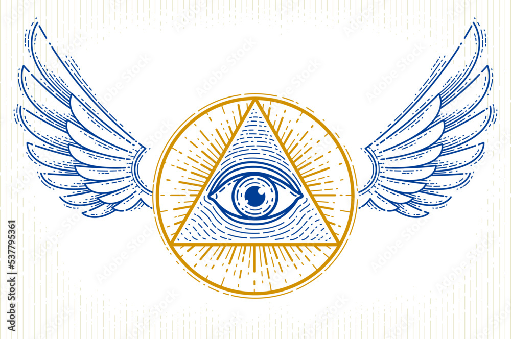All seeing eye of god in sacred geometry triangle with bird wings of ...