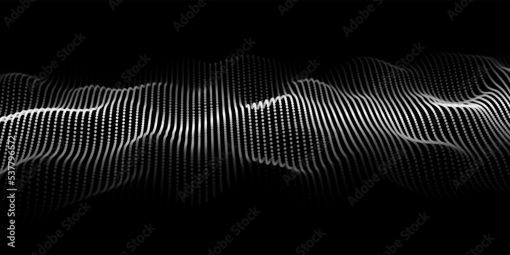 Digital halftone wave with dots on the dark background. The futuristic ...