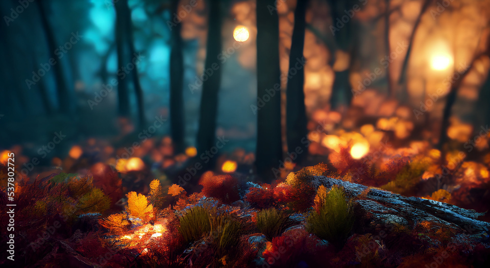 Mystical forest scene at night as digital art 8k wallpaper background. Magical dark fairy tale ...