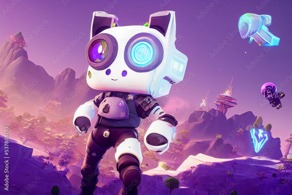 Digital illustration of a cute robot cat walking in a futuristic modern ...