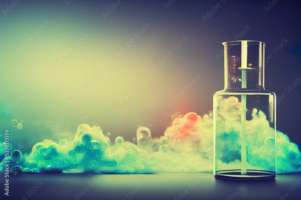 Pharmacy and chemistry theme. Test glass flask with solution in ...