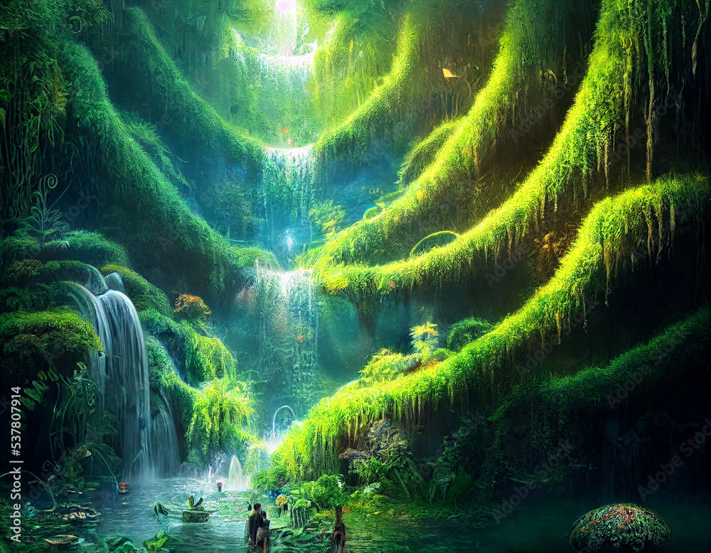 Beautiful fantasy hydro temple of water lush magical dream. CG artwork ...