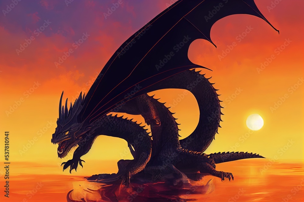 the black knight riding the dragon flying in the sunset sky, digital ...