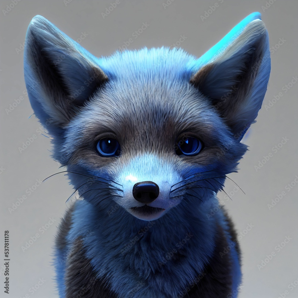 Digital illustration of a cute fluffy fox-like creature with blue eyes ...