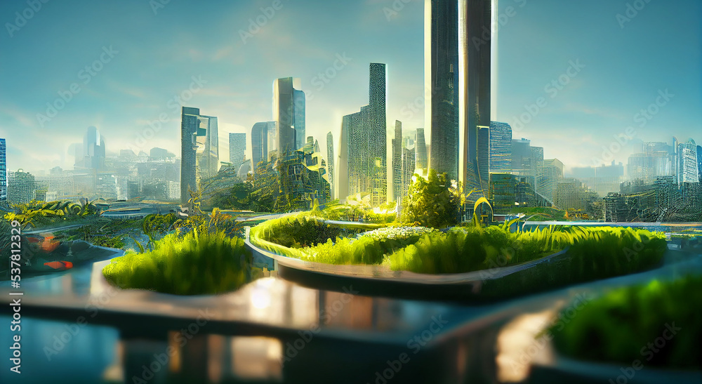 Spectacular eco-futuristic cityscape full with greenery, sky scrapers, parks, and other manmade ...