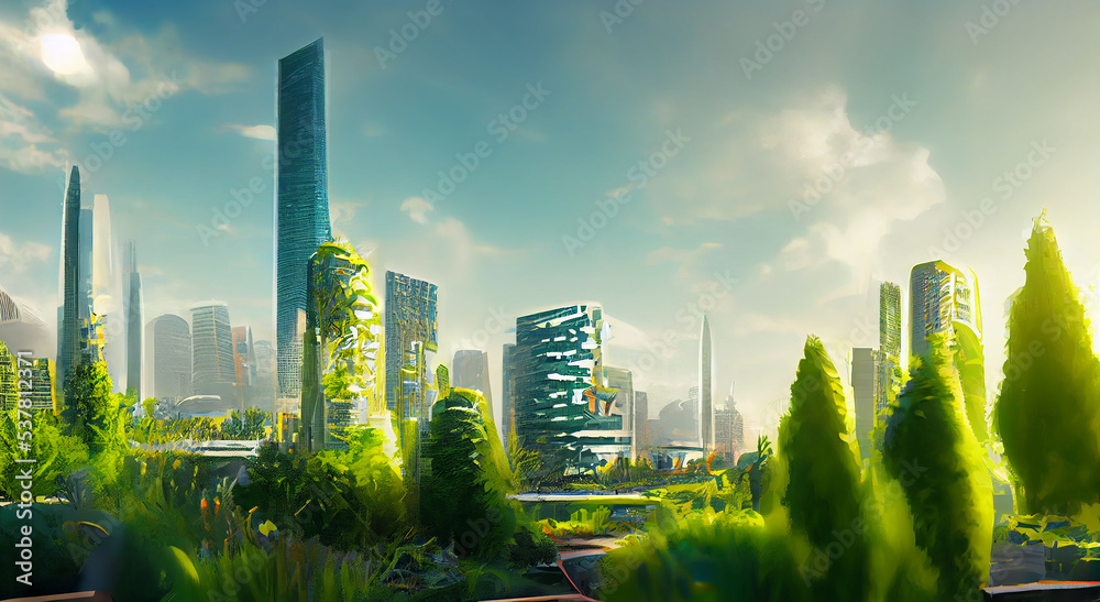 Spectacular eco-futuristic cityscape full with greenery, sky scrapers, parks, and other manmade ...