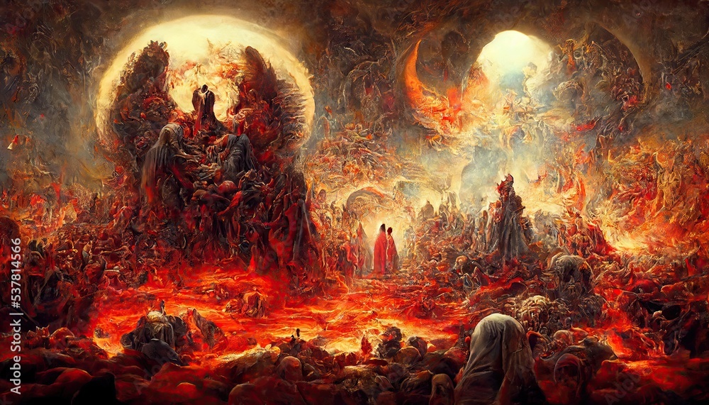hellish large group of people surrounded by flames of hell is suffering ...