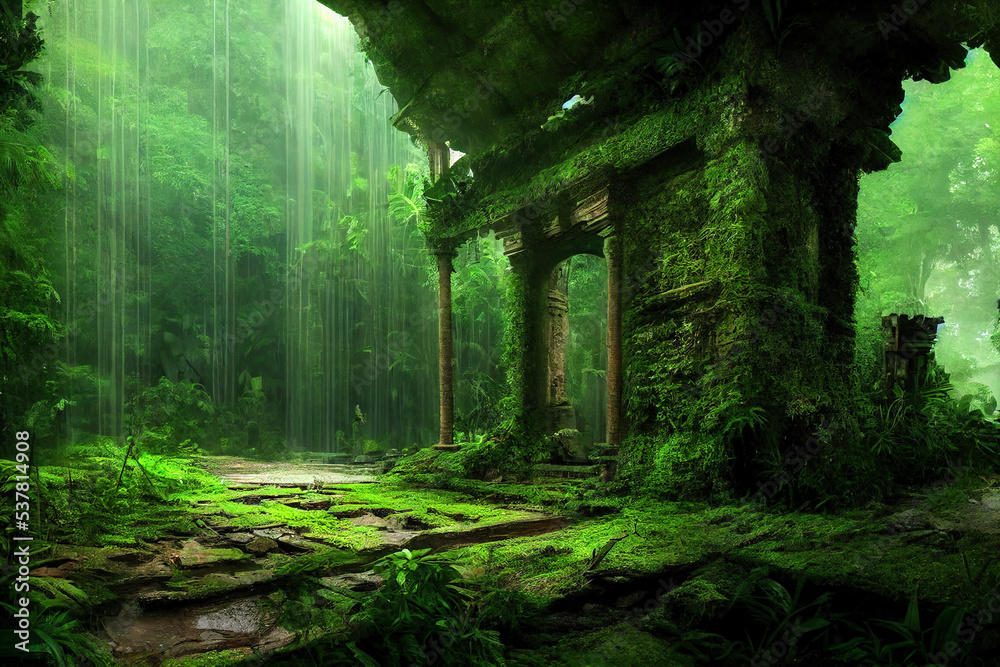 Digital concept art of an ancient abandoned palace in the jungle ...